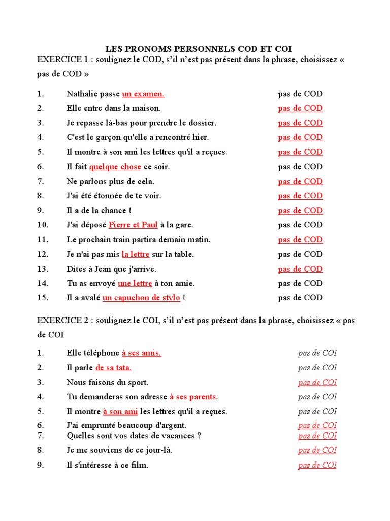 Les Pronoms Personnels Cod Et Coi | PDF | Sciences cognitives ...