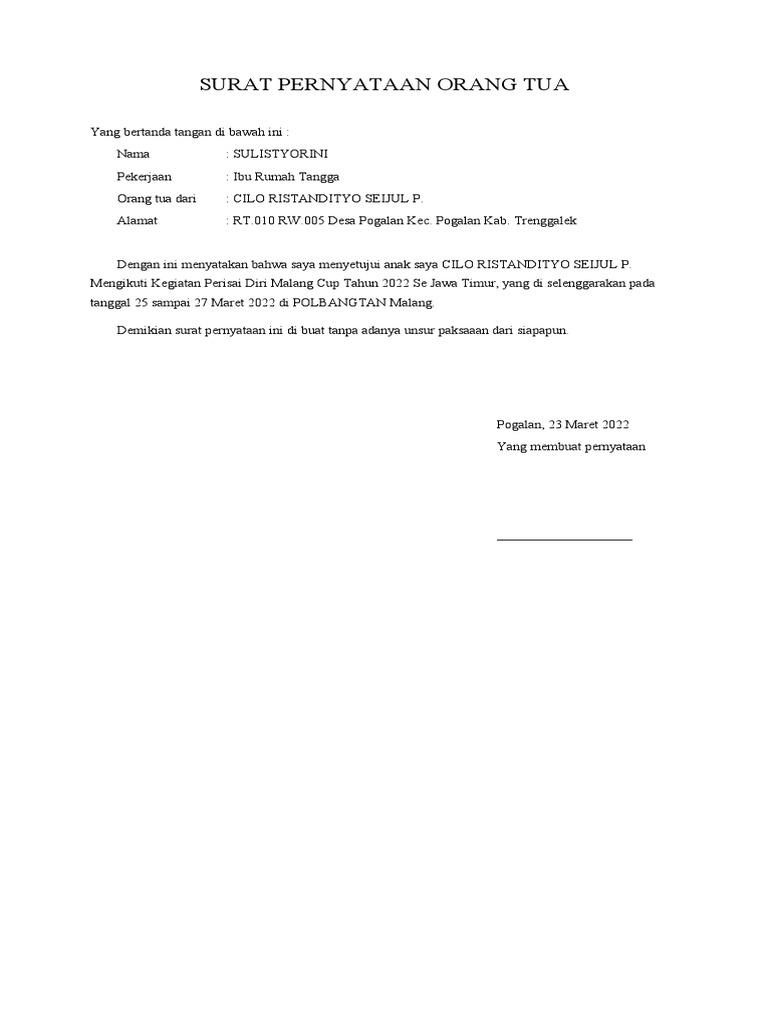 Surat Pernyataan Orang Tua | PDF