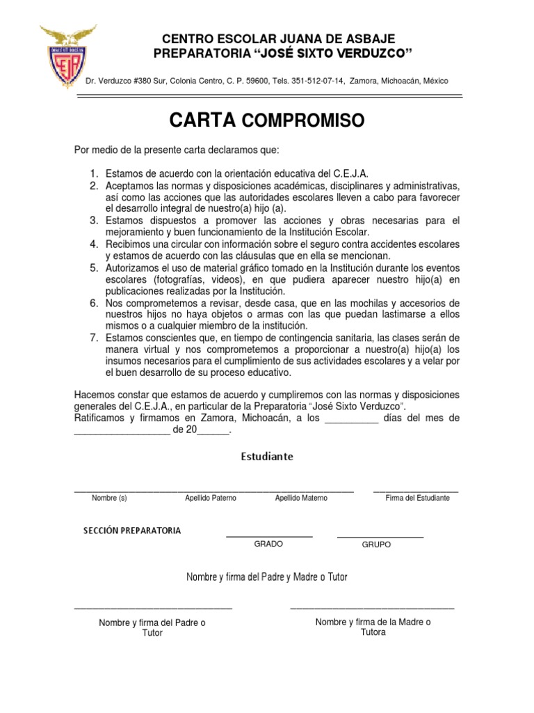 Carta Compromiso Preparatoria C.E.J.A. | PDF | Estilo de vida