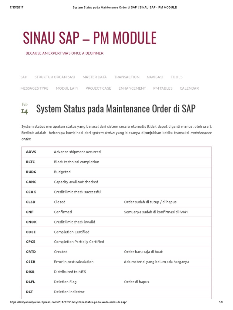 System Status Pada Maintenance Order Di SAP - SINAU SAP - PM MODULE | PDF