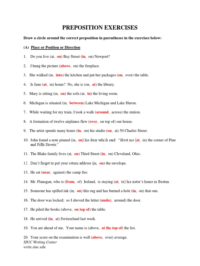 Preposition Exercises Answer Key | PDF | Art
