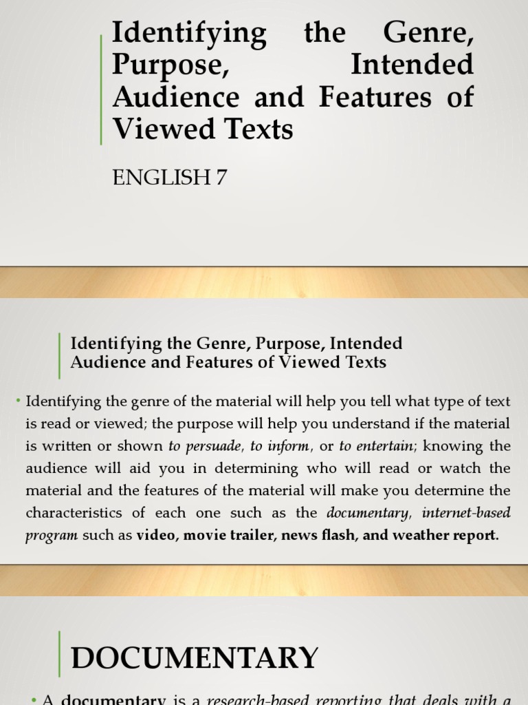 Identifying The Genre, Purpose, Intended Audience | PDF