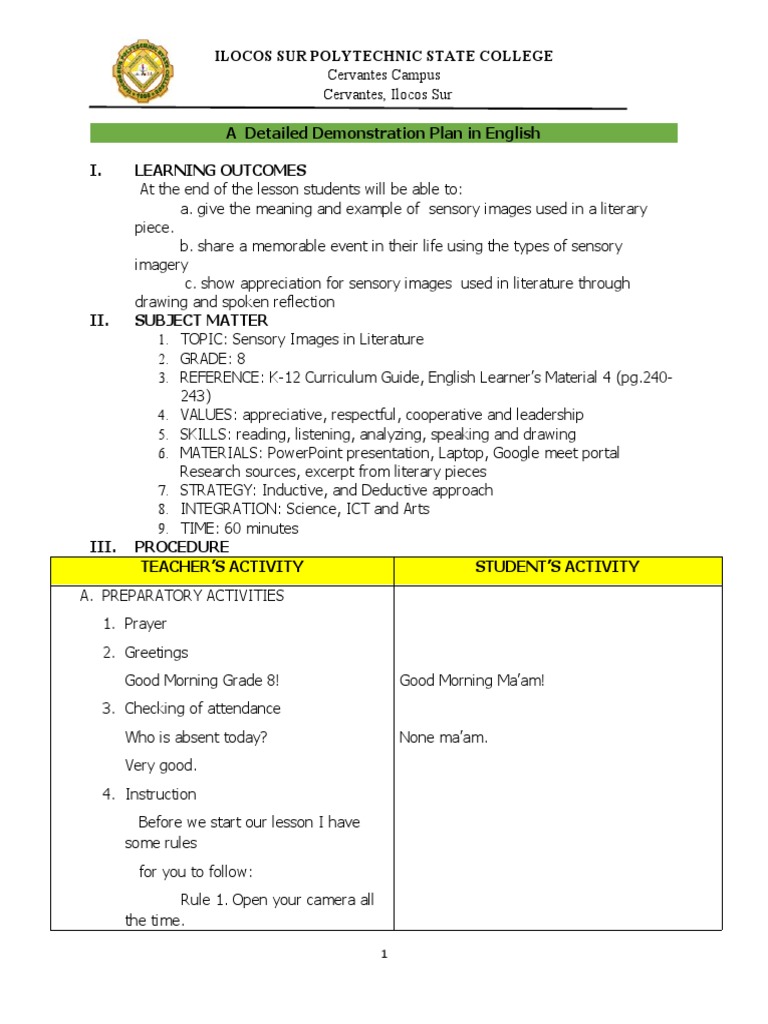 Sensory Imagery Lesson Plan for Grade 8 | PDF | Senses | Communication
