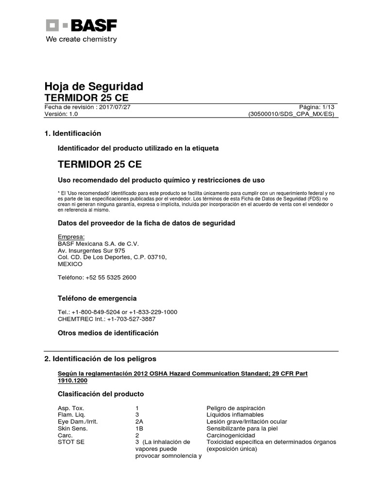 TERMIDOR 25 CE - Hoja de Seguridad | PDF