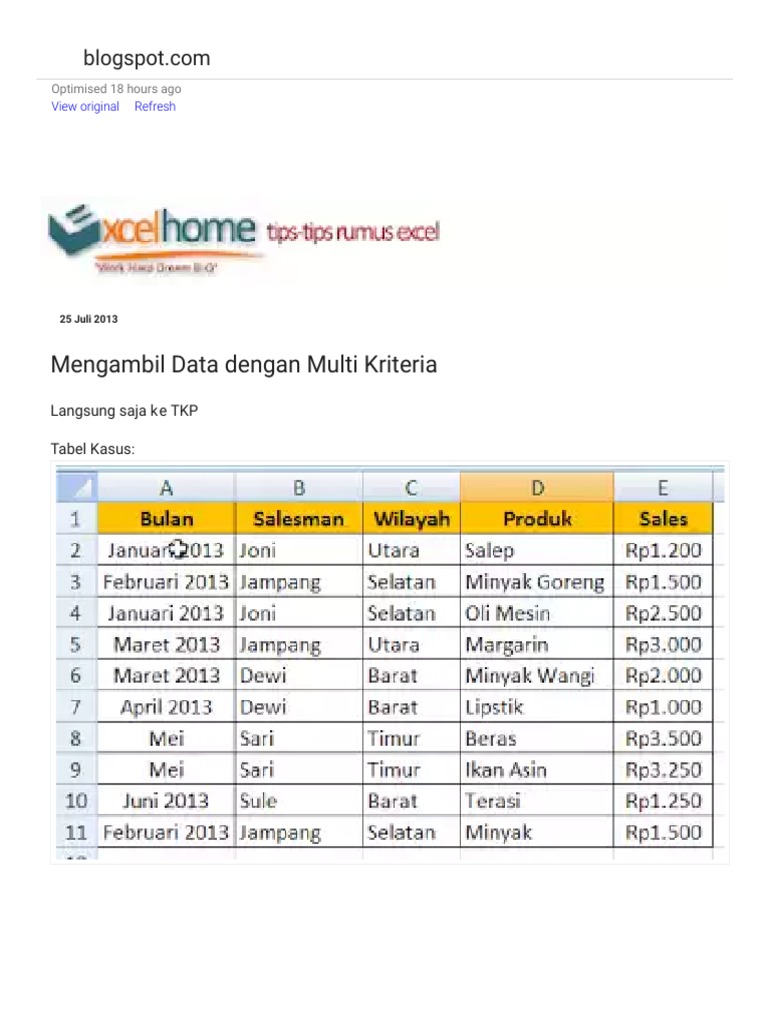 Tips-Tips Rumus Excel Mengambil Data Dengan Multi Kriteria | PDF