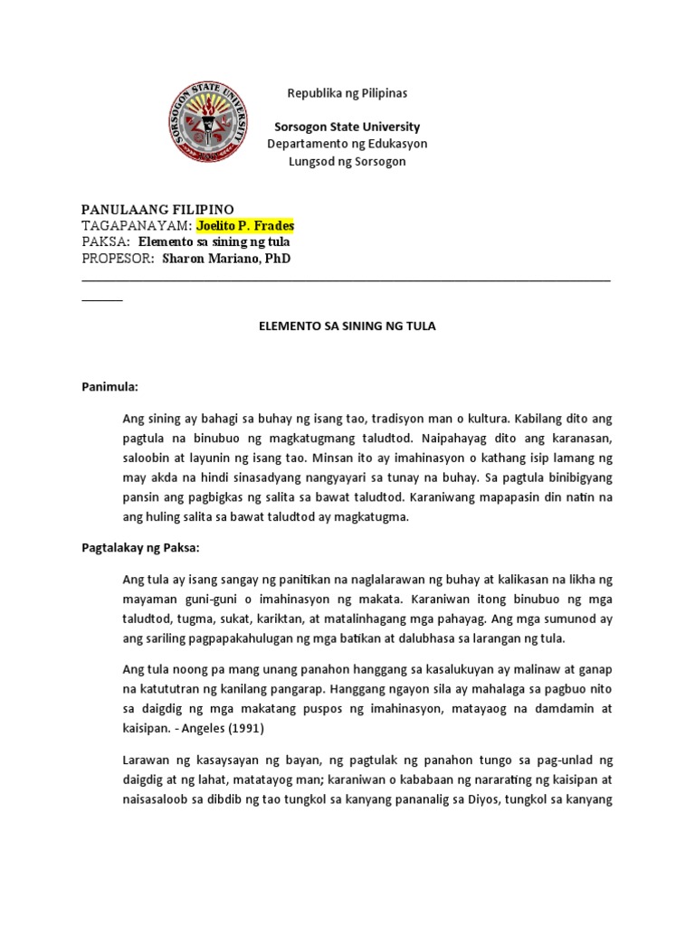Elemento Sa Sining NG Tula | PDF