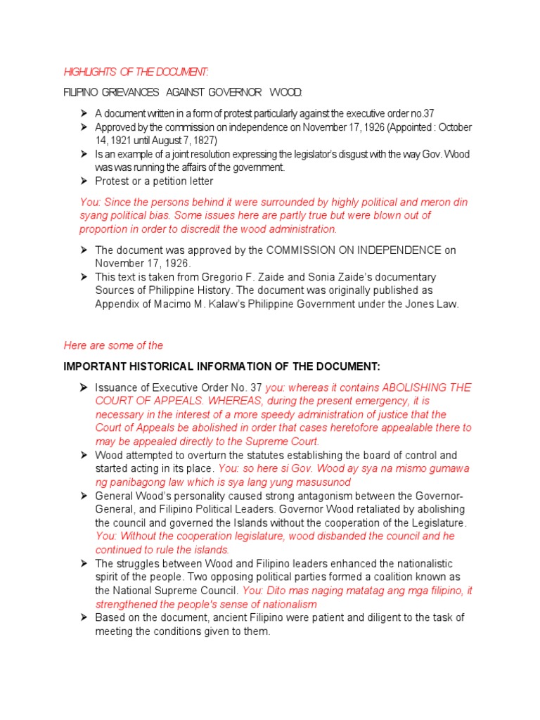 Filipino Grievances Against Governor Wood | PDF | Philippines ...