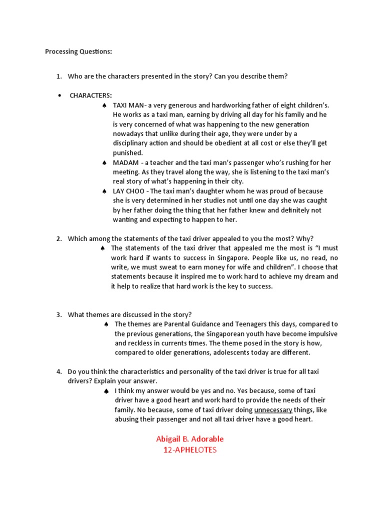 (ADORABLE) THE TAXIMANS STORY - Processing Questions | PDF