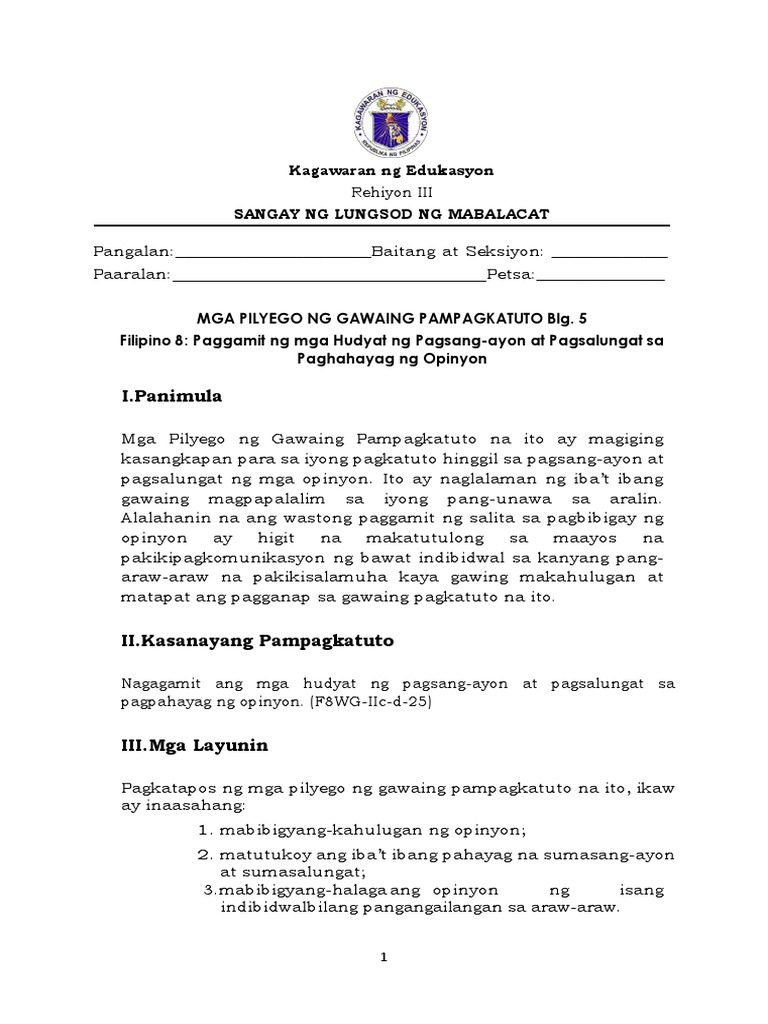 Filipino8 - Q2 - Wk5 - Nagagamit Ang Mga Hudyat NG Pagsang-Ayon at ...