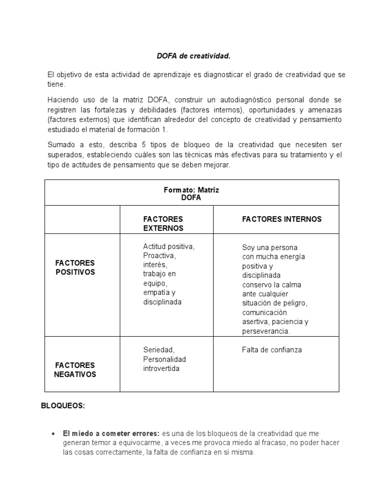 Actividad 1.DOFA de Creatividad | PDF