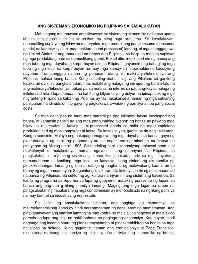 Ang Sistemang Ekonomiko NG Pilipinas Sa Kasalukuyan | PDF