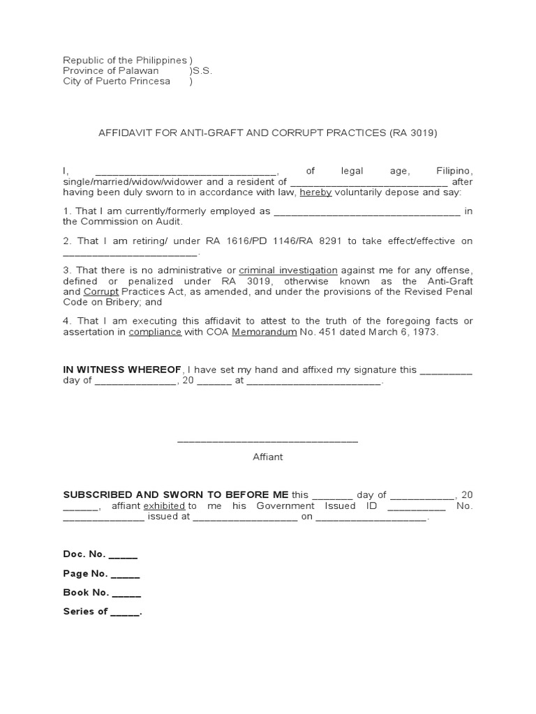 Affidavit For Anti-Graft and Corrupt Practices (Ra 3019) | PDF