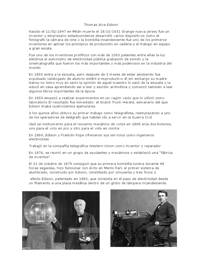 La vida y logros del inventor Thomas Alva Edison | PDF