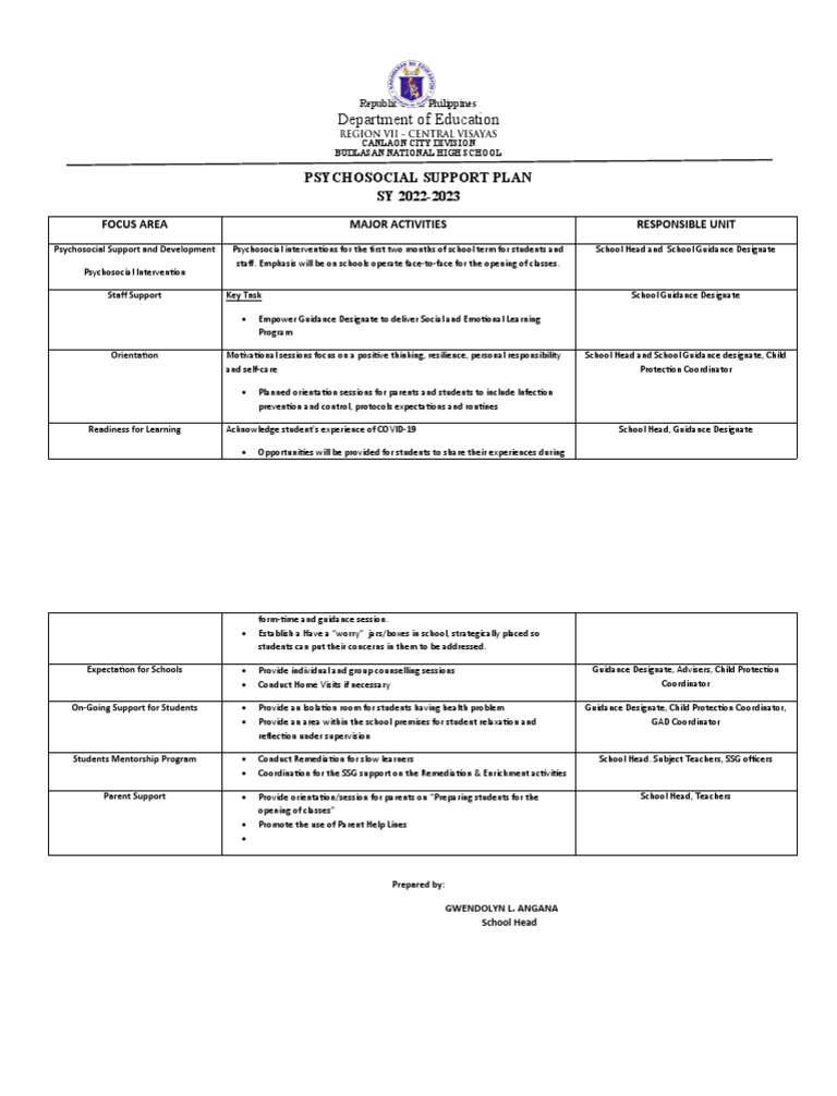 Psychosocial Support Plan | PDF | Mentorship | Psychology