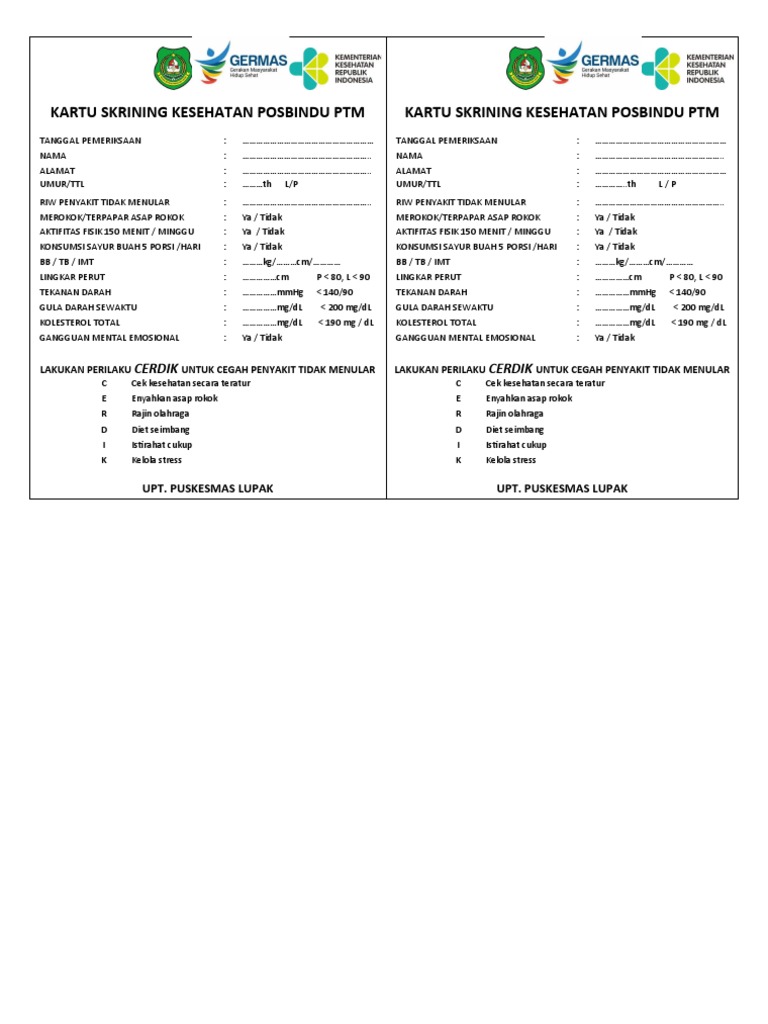 Kartu Skrining Kesehatan Posbindu PTM | PDF