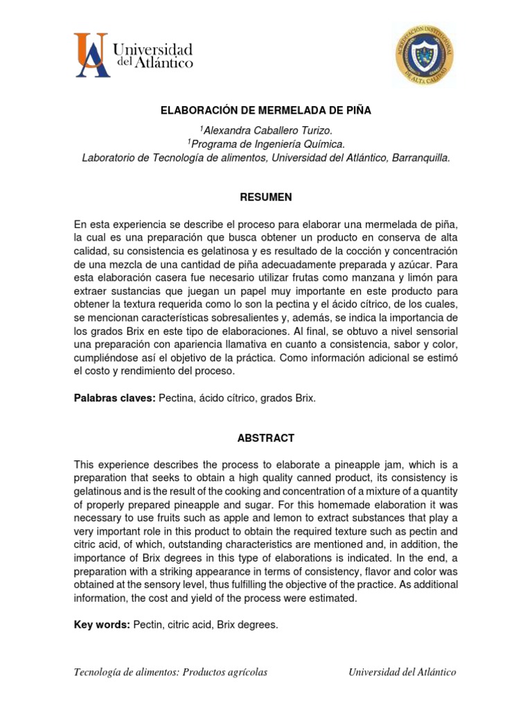 Elaboración de Mermelada de Piña - Alexandra Caballero - Informe. | PDF ...
