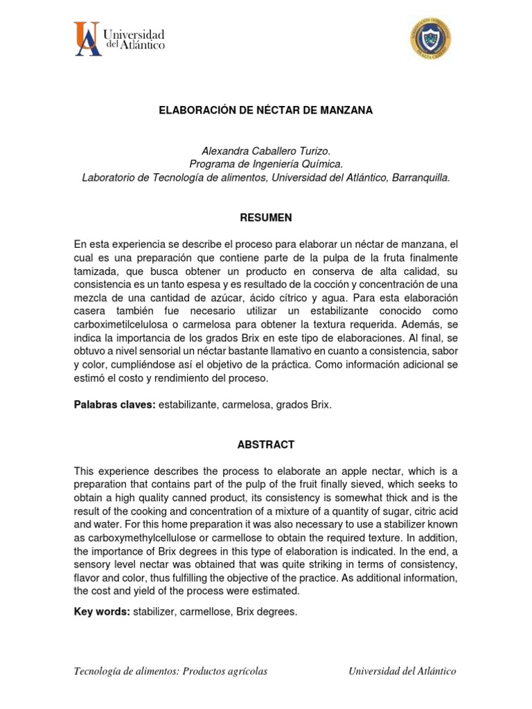 Elaboración de Néctar de Manzana - Alexandra Caballero Turizo | PDF