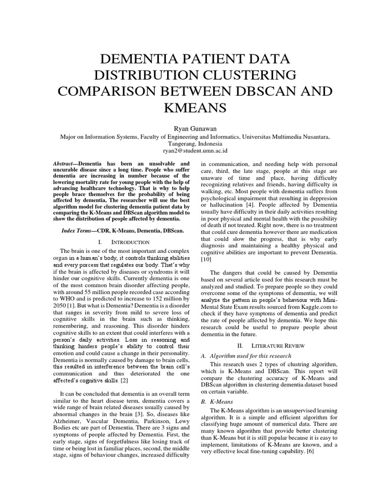Dementia Patient Data Distribution Clustering Comparison Between Dbscan and Kmeans | PDF