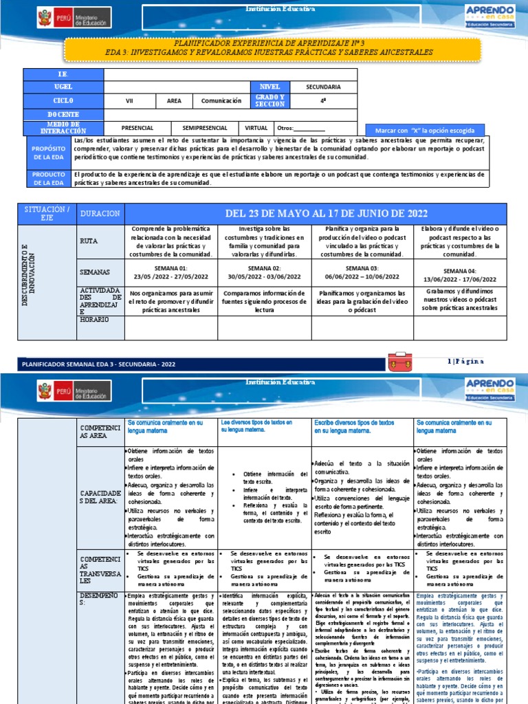4º Planificador Semanal-Eda 3 - Sec 2022. | PDF | Aprendizaje | Cognición
