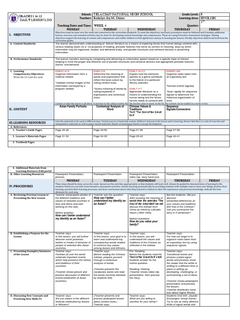 DLL ENG8 Q1 Week6 | Download Free PDF | Learning | Teachers