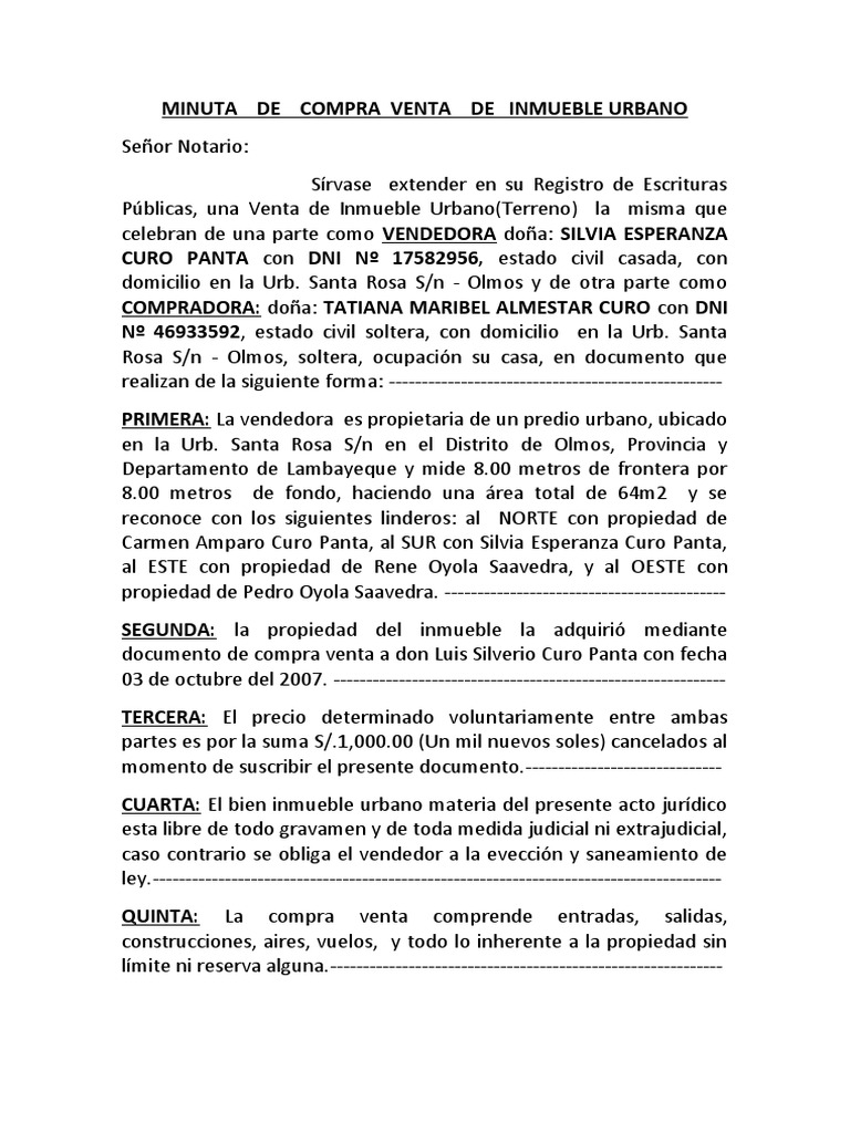 Minuta De Compra Venta De Inmueble Urbano Pdf