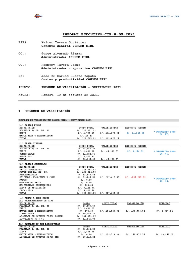 Informe de Valorizacion Consem Eirl - Septiembre 2021 | PDF