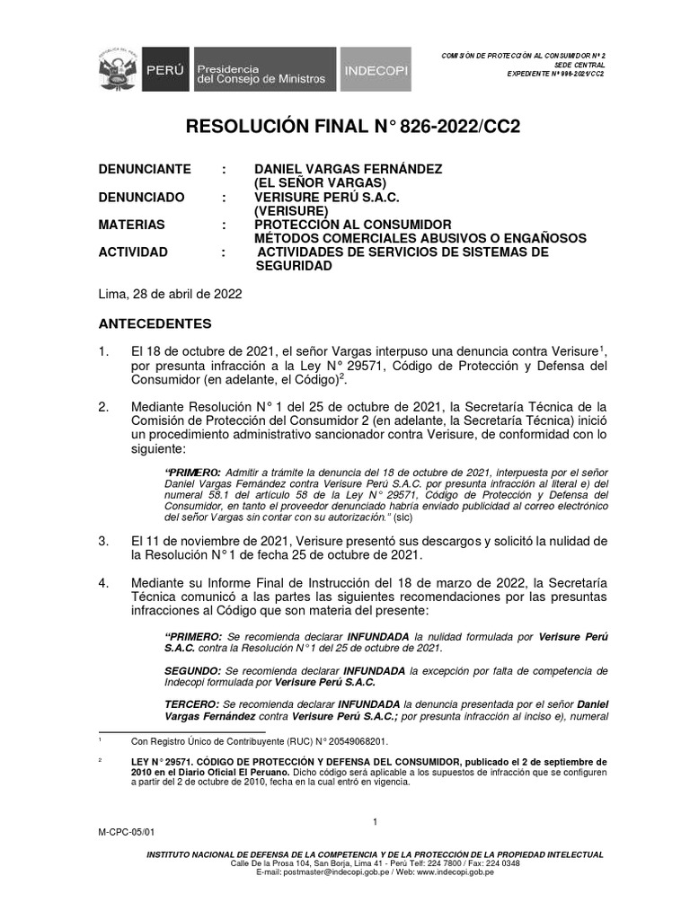 RESOLUCIÓN FINAL #826-2022/CC2: Antecedentes | PDF | Protección al ...