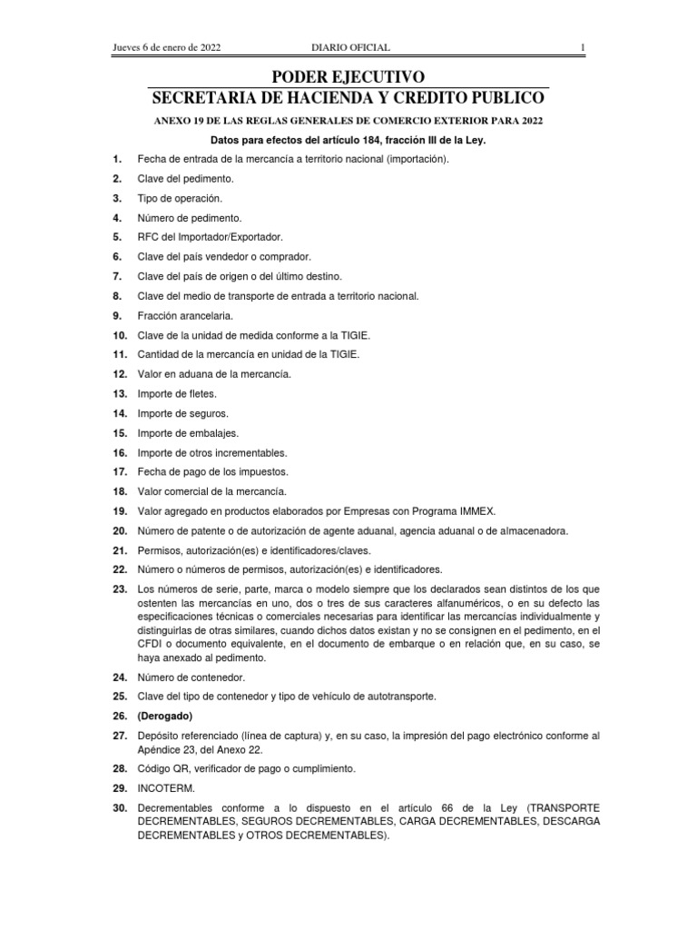 ANEXO 19 de Las Reglas Generales de Comercio Exterior para 2022 | PDF ...