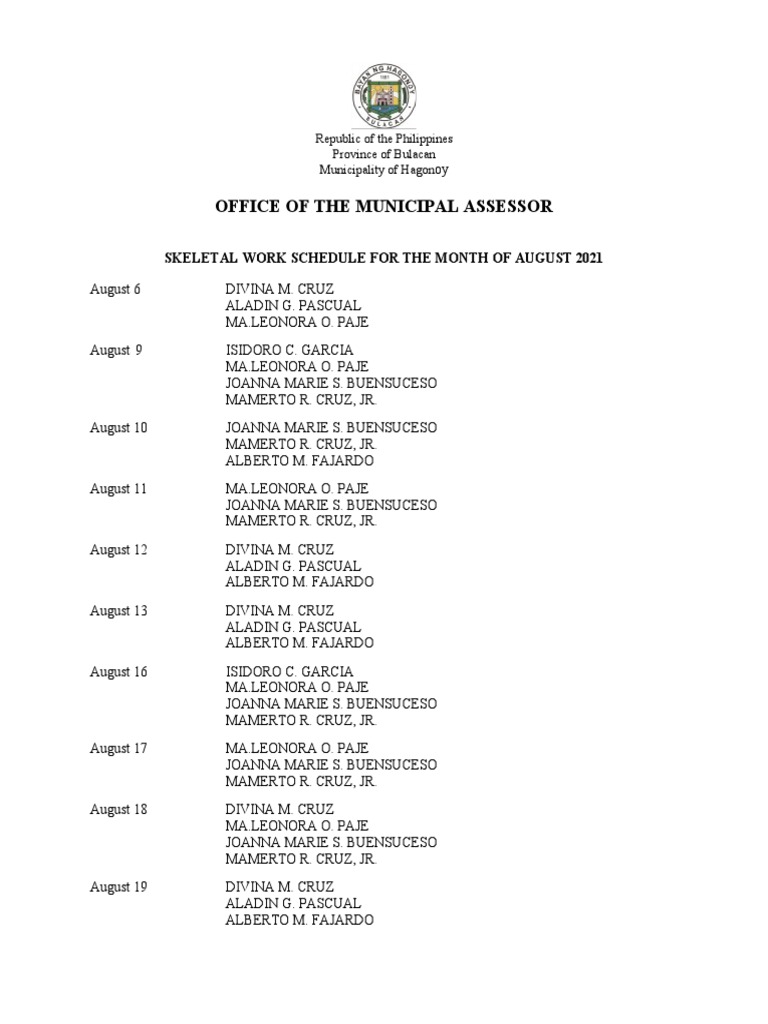 Skeletal Work Schedule For The Month of August 2021 | PDF