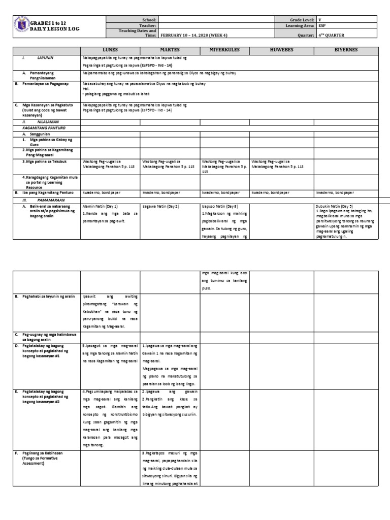 Grade 5 DLL ESP 5 Q4 Week 4 | PDF