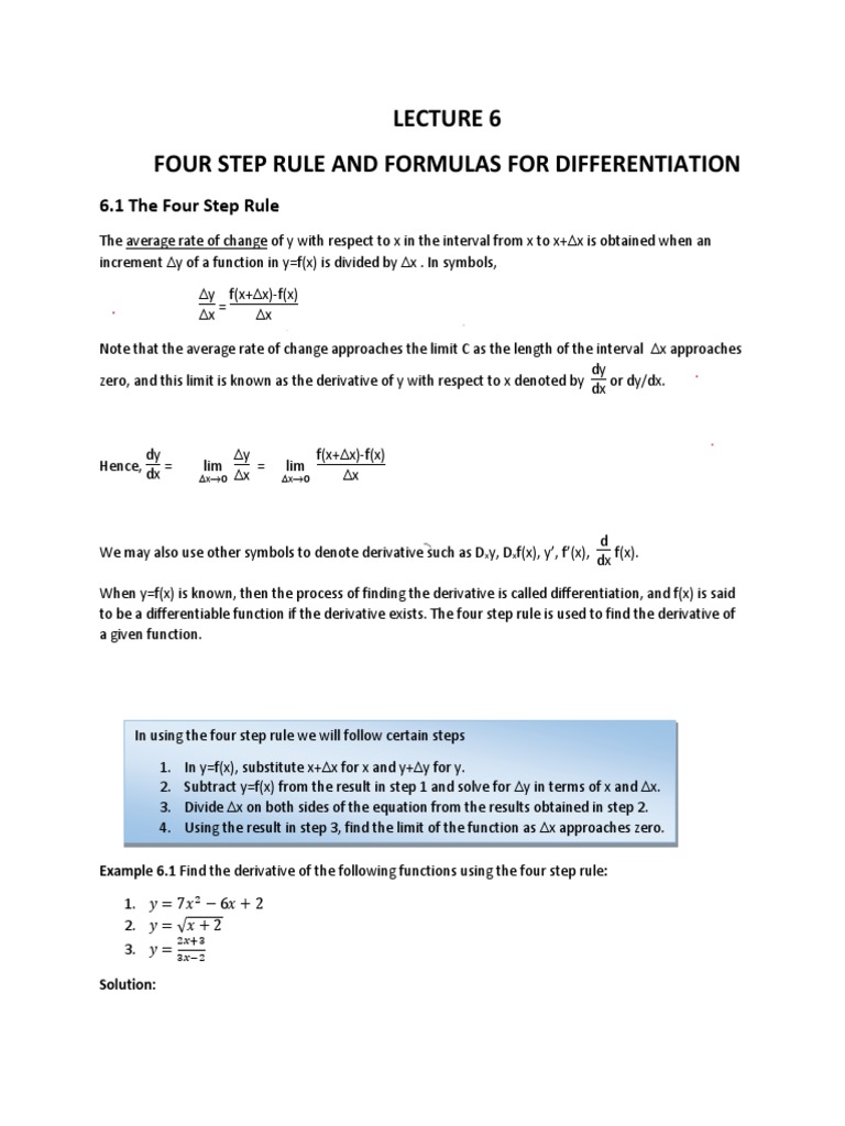 Four Step Rule and Formulas For Differentiation | PDF | Derivative | Function (Mathematics)