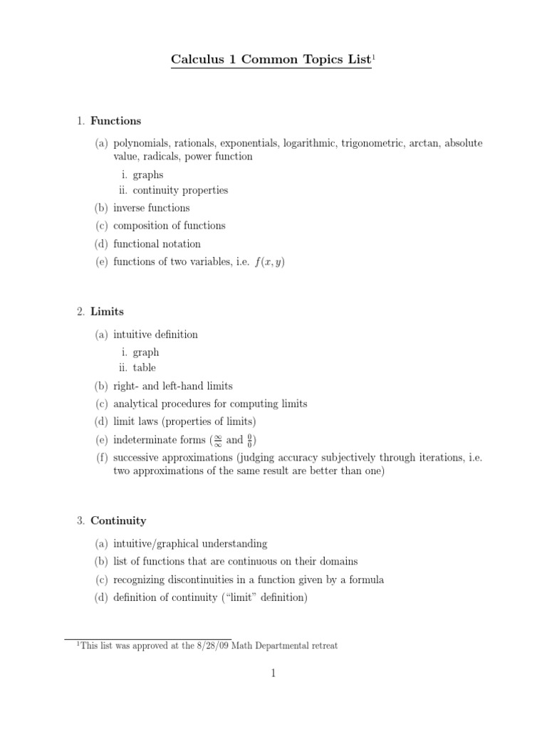 Calculus 1 Topic List | PDF | Derivative | Function (Mathematics)