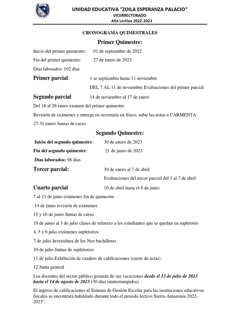 Cronograma De Parciales 2022 2023 Pdf