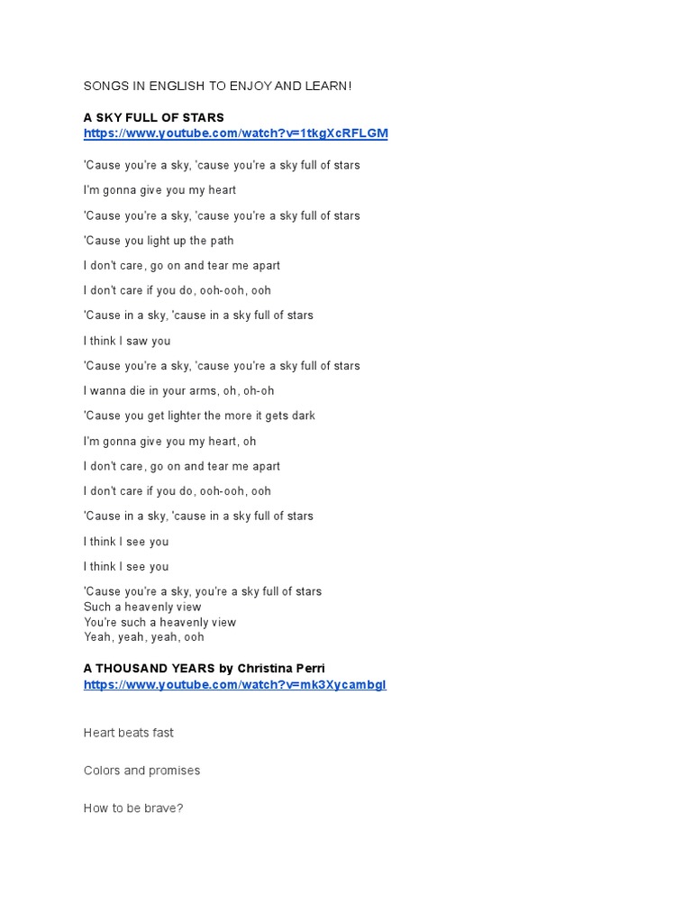 Songs in English To Enjoy and Learn! | PDF | Poetry