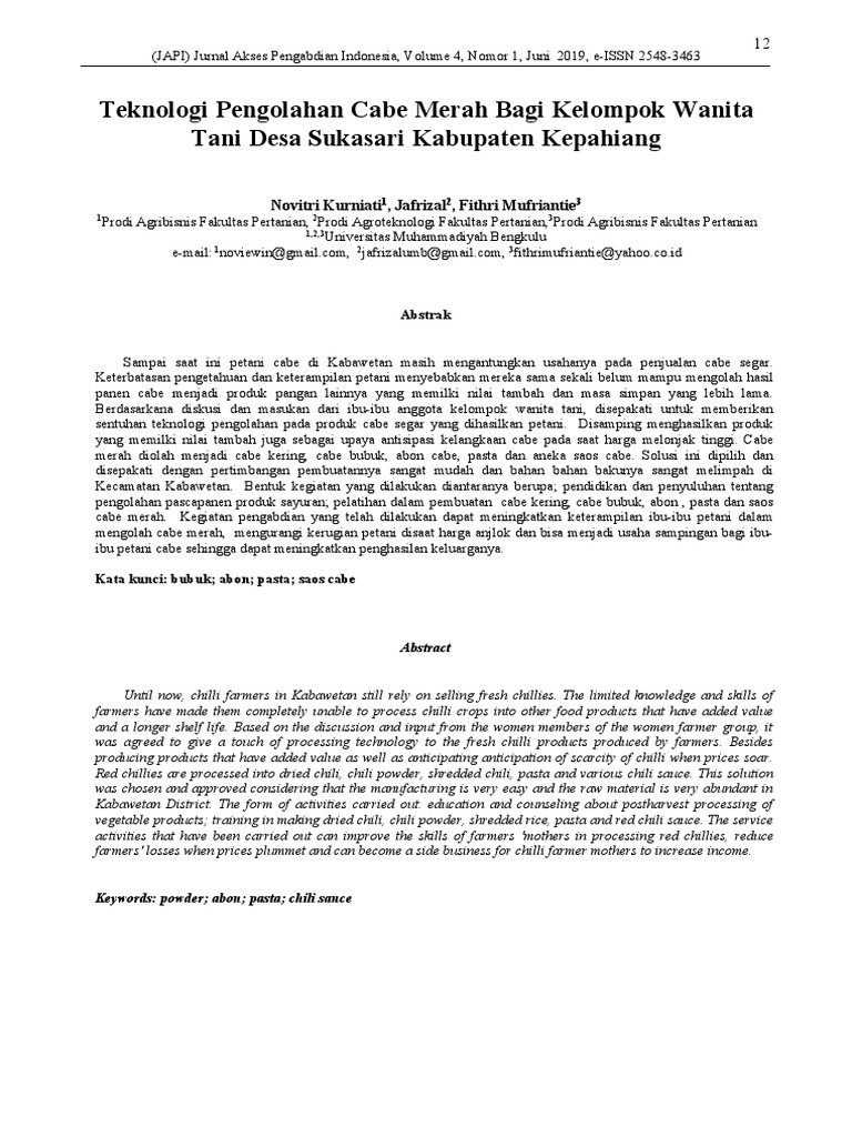 Teknologi Pengolahan Cabe Merah Bagi Kelompok Wani | PDF