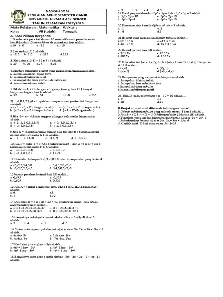Soal MM Kelas 7 Uas | PDF