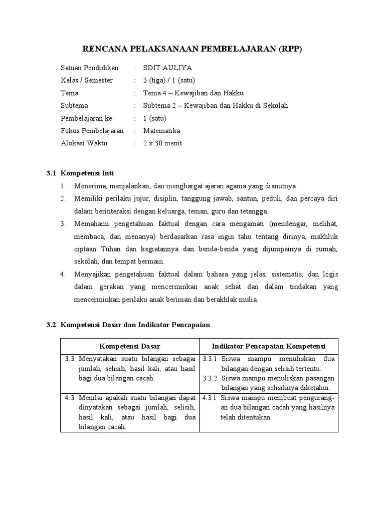 RPP Tema 4 Subtema 2 Kelas 3 | PDF