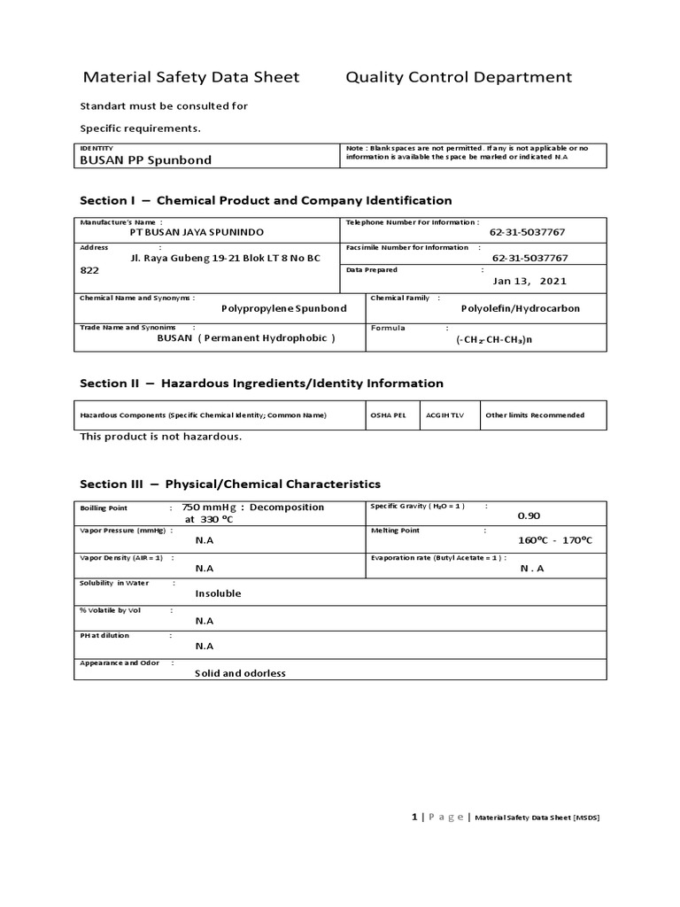 Format MSDS Spunbond Busan | PDF