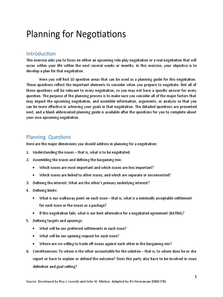 Planning For Negotiations: Source: Developed by Roy J. Lewicki and John ...