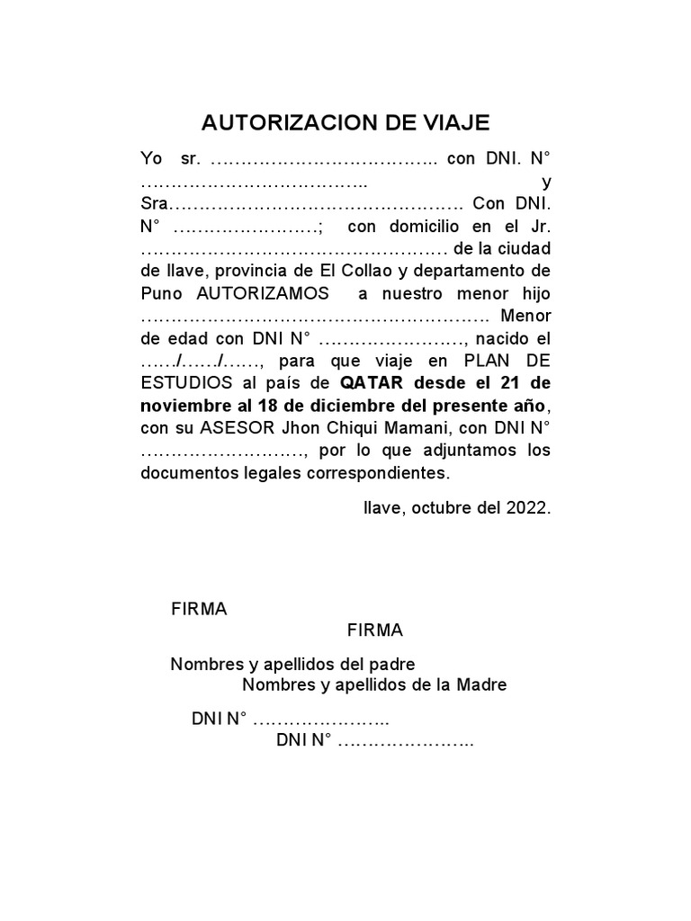 Autorizacion de Viaje | PDF