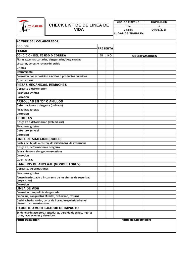 Check List de Linea de Vida | PDF