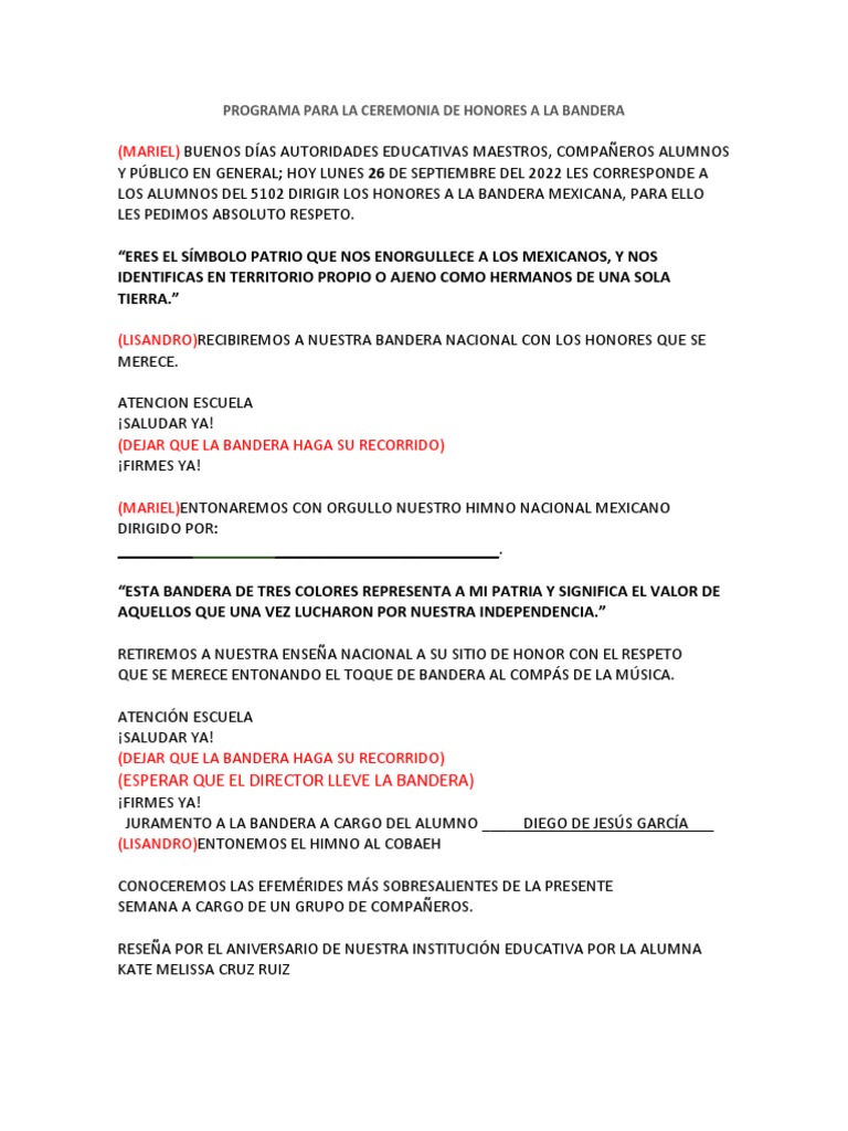 Programa para La Ceremonia de Honores A La Bandera | PDF