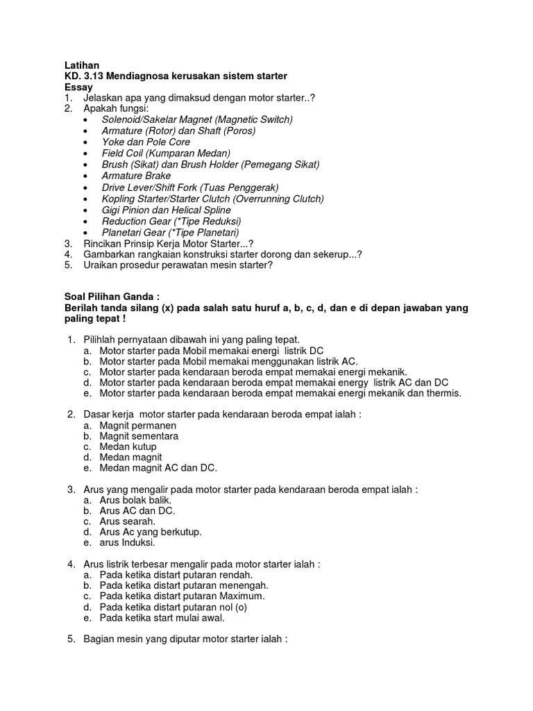 Latihan KD 3.13 Starter Dan KD 3.14 Pengisian | PDF