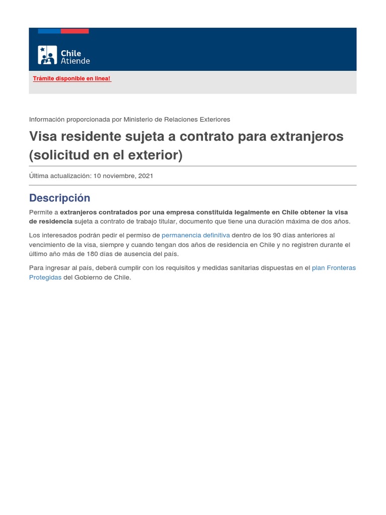 Visa Residente Sujeta A Contrato para Extranjeros (Solicitud en El Exterior) | PDF
