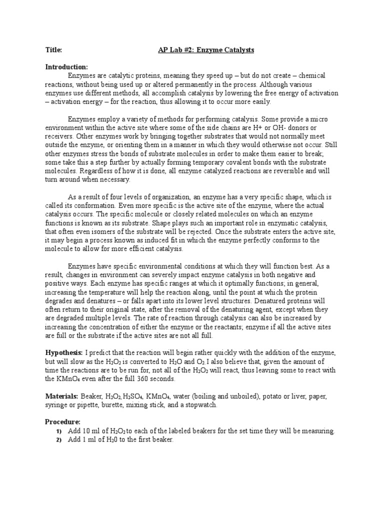 AP Biology Lab Two: Enzyme Catalysis | PDF | Active Site | Enzyme
