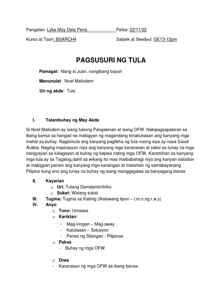 Pagsusuri NG Tula Ofw | PDF