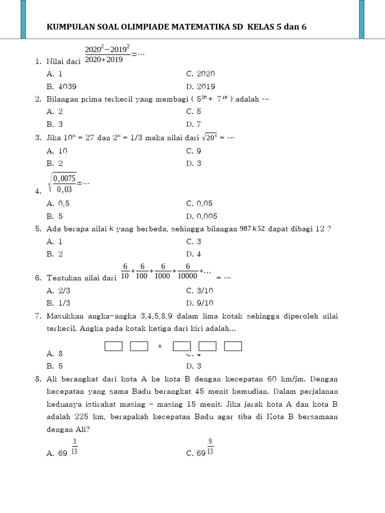Kumpulan Soal Olimpiade Matematika SD Kelas 5 Dan 6 | PDF