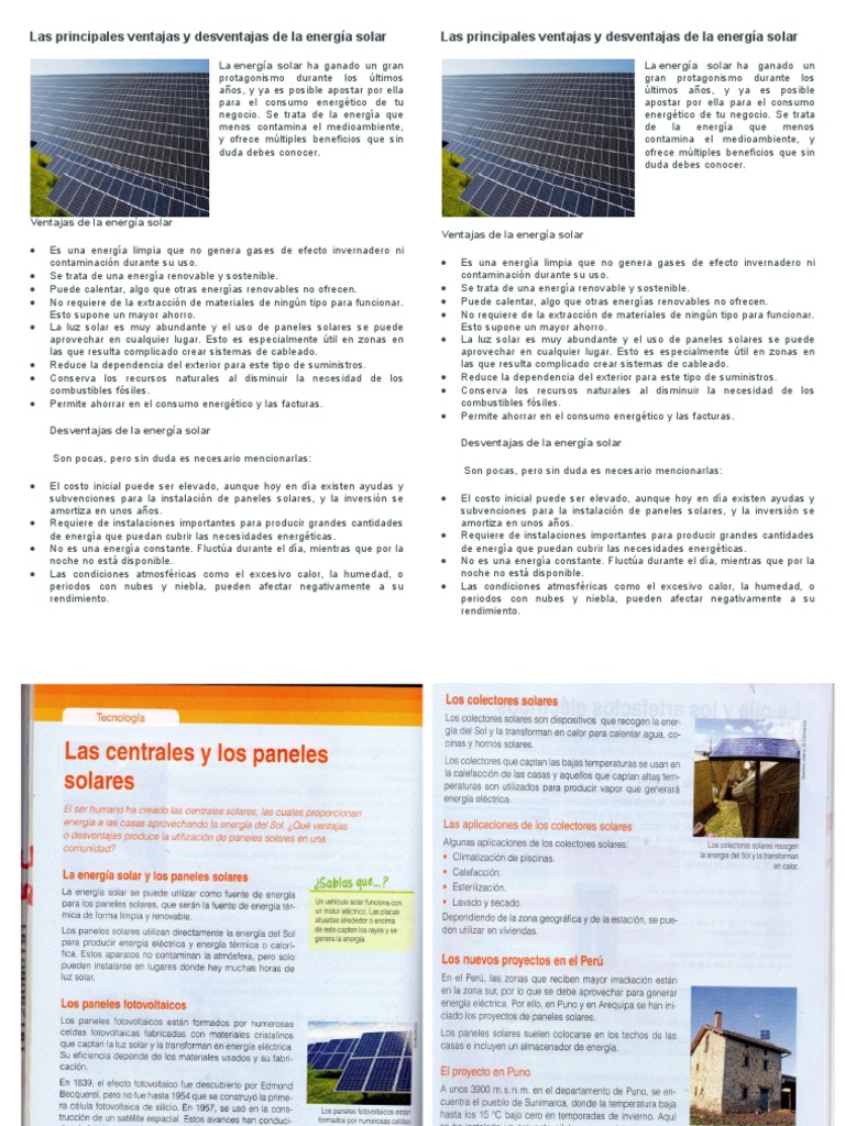 Ficha Ventajas y Desventajas de Los Paneles Solares | PDF | Energía ...