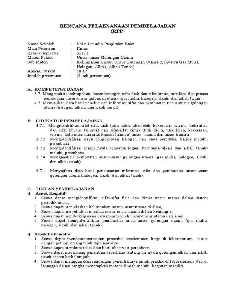 RPP Kimia Kelas XII: Unsur Golongan Utama | PDF | Sains & Matematika