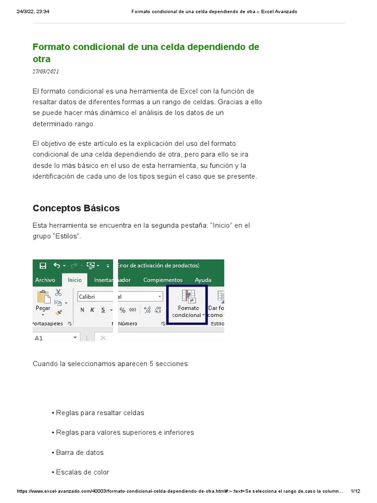 Formato Condicional de Una Celda Dependiendo de Otra Excel Avanzado | PDF